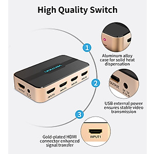 VENTION HDMI Switch 5 in 1 Out 4K@30Hz HDMI Selector Switch with IR Remote HDMI 1.4 HDCP 1.4 Support 4K HD 3D 1080P 2160P HDMI Switch Box for Roku, Apple TV, PS5/4/3, Fire Stick