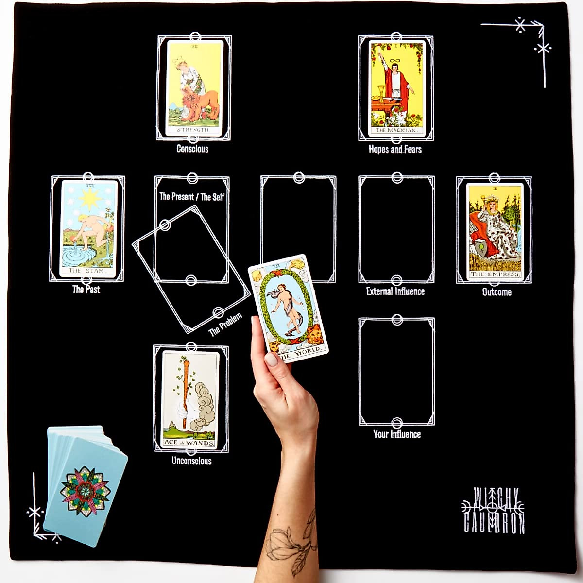 Witchy Cauldron Pentacle Velvet Tarot Bag, Black Cloth Purse 8" 5" Embroidery Pentagram (Cloth+Deck)