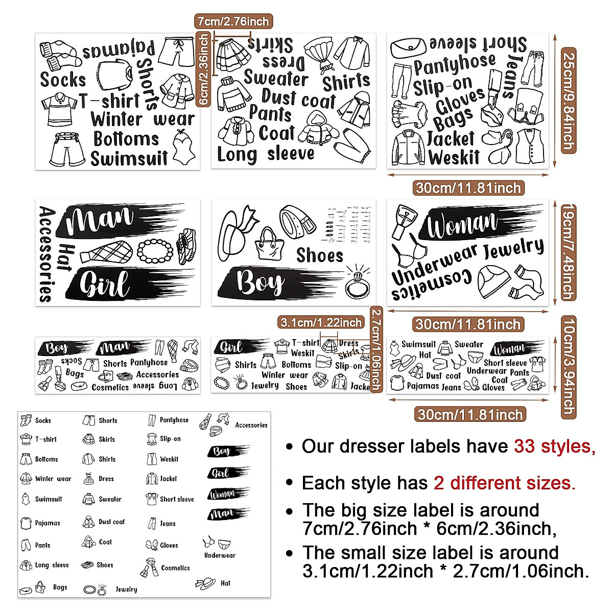 Spakon 9 Sheets Dresser Clothing Decals Dresser Labels Clothes Labels Dresser Decals Dresser Stickers Bedroom Wardrobe Drawer Stickers Removable Organizing Decal