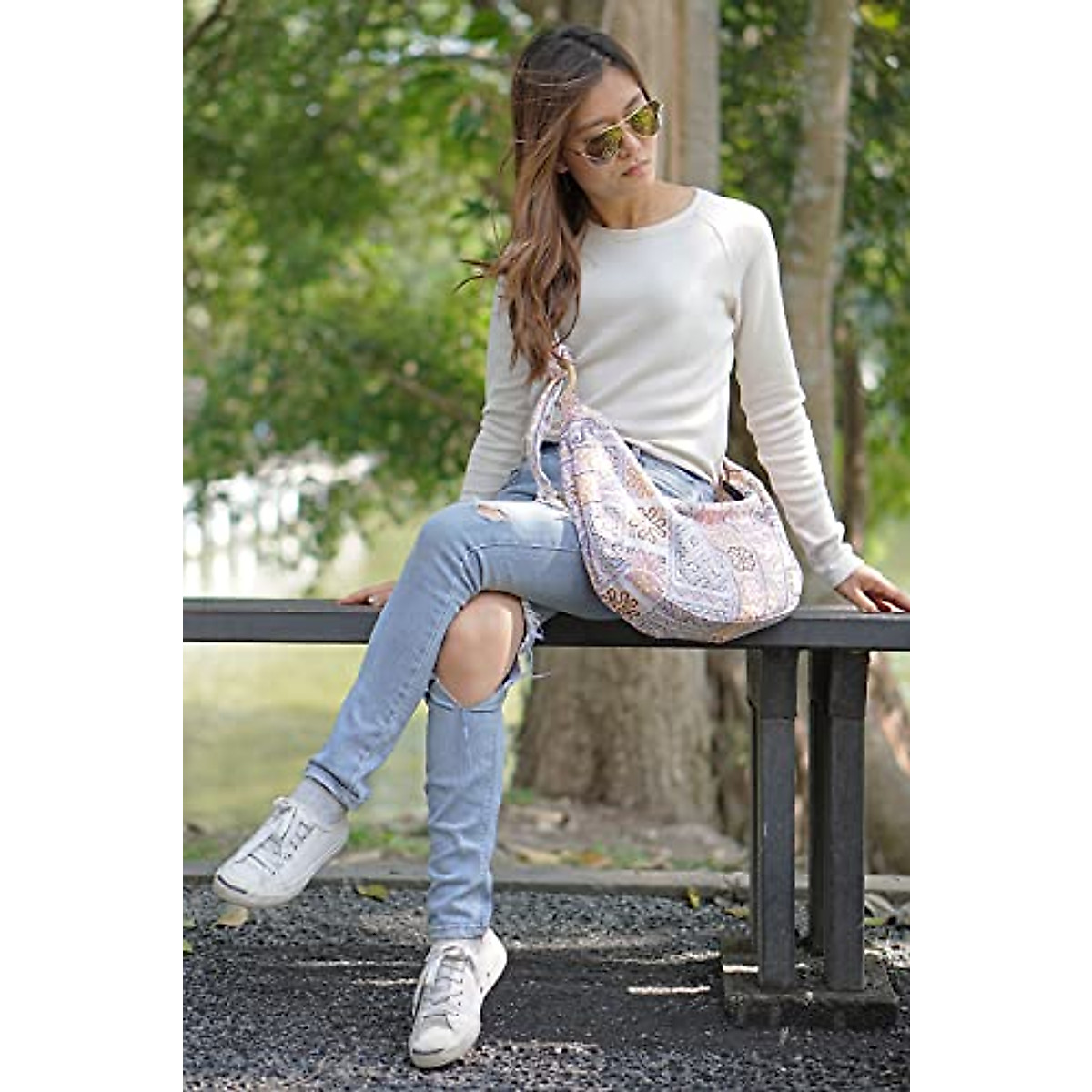 Your Cozy Women's Crossbody Handbags Hippie bag Boho Hobo Bags for Women Shoulder Sling Bag Hippie Tote Bag Handmade Cotton Hippie Purse with Adjustable Strap (Tribe_White)