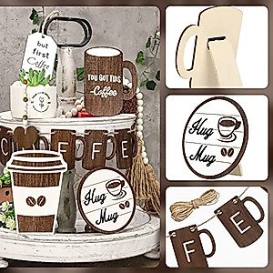 8 Pieces Coffee Tiered Tray Decor Coffee Bar Accessories Table Centerpiece Farmhouse Decorations Gnome Rustic Coffee Bar Wood Signs for Home Kitchen Coffee Station, Coffee Style (Coffee Style)