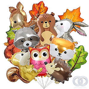 13 Pieces Woodland Animal Balloons, Forest Animals Foil Mylar Balloon for Woodland Themed Baby Shower Birthday Fall Party Decorations