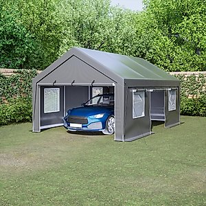 MACHOME Outdoor 13x20 FT Carport, Heavy Duty Canopy Storage Shed with Mesh Windows and Galvanized Steel Tube, All-Season Tarp, Wide Range of Appliaction for Car, Boat and Reunion, Gray