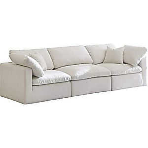 Meridian Furniture 602Cream-S105 Plush Collection Contemporary Down Filled Comfort Overstuffed Velvet Upholstered Modular Sofa 3-Seater Cream