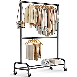 MISSLO Heavy Duty Clothing Racks for Hanging Clothes Rack Double Rod Garment Rack Rolling Closet Wardrobe Rack on Wheels, Metal, Adjustable, Black