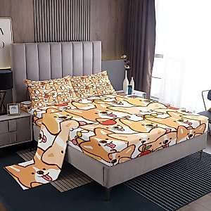 Erosebridal Kawaii Corgi Dog Bed Sheet Cute Puppy Animals Pattern 4 Piece Bed Sheets for Kids Teens Boys Girls, Cartoon Apple Decor Sheet Set Happy Pet Dog Sheets for Dog Lover, Full Size