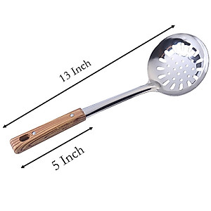 2 Pcs Soup Spoon, 13 Inch Stainless Steel Leaky Spoon and Soup Spoon with Wooden Handle for Cooking (2)
