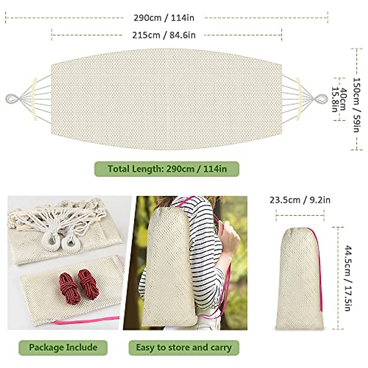 Outerman Camping Hammock,290 * 150cm(Max 550lb) Breathable Durable Portable Hammocks with Accessories, Perfect for Outdoor/Indoor Patio Backyard etc.