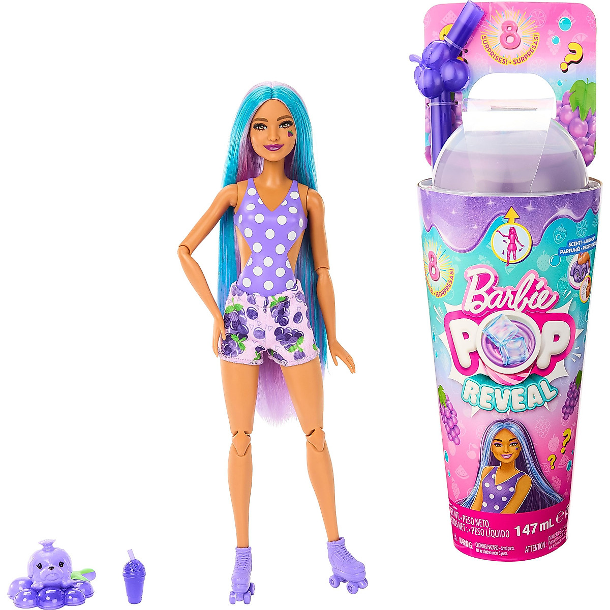 Barbie Pop Reveal Doll & Accessories, Grape Fizz Scent with Purple Hair, 8 Surprises Include Slime, Color Change & Puppy