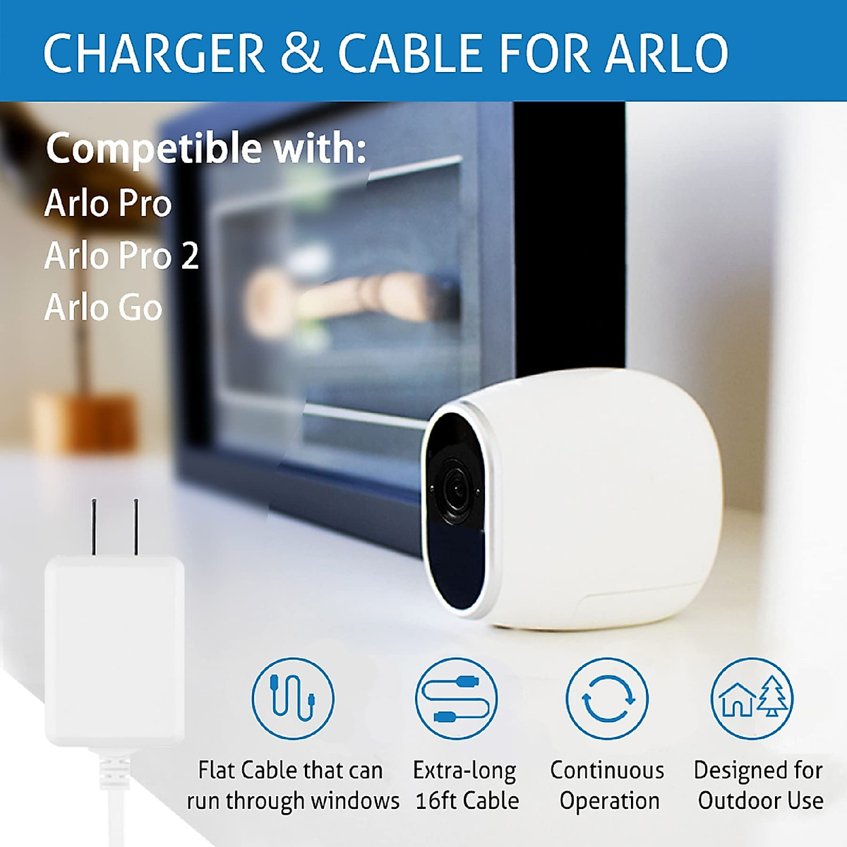Weatherproof Outdoor Quick Charge 3.0 Power Adapter, Continuously Power Supply Compatible with Arlo Pro, Arlo Pro 2 and Arlo Go, 16.4 ft/5 m Long and Thin Cable