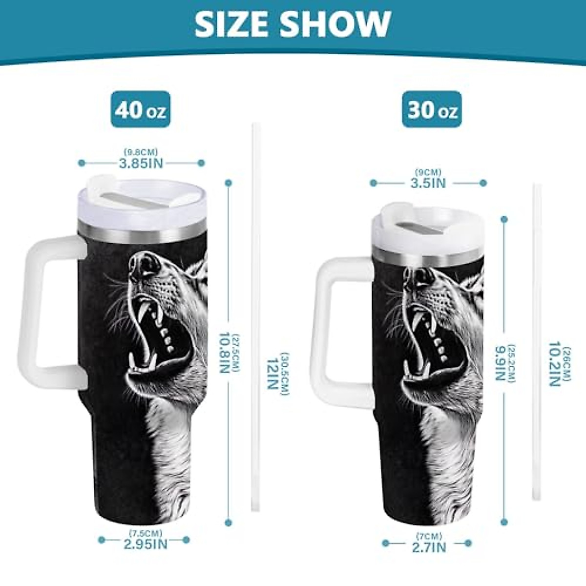 ODAWA 40oz Travel Insulated Tumblers with Handle and Straw, Black White Wolf Double Wall Insulated Tumbler
