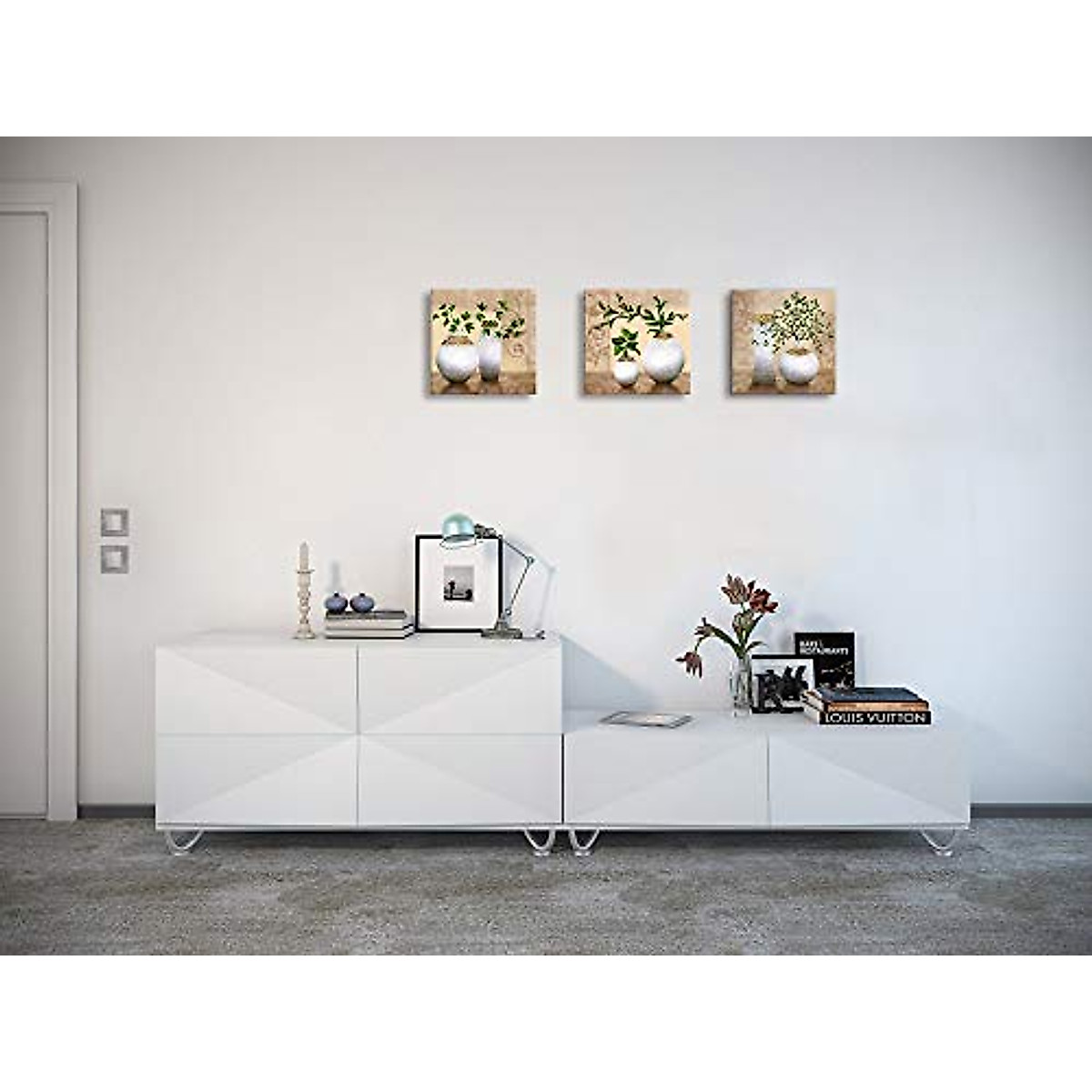 3 Piece Wall Art for Bathroom/Hallway, SZ HD Elegant Canvas Painting Prints of Green Spring Plants in Vases on Beige/Tan Picture (Waterproof Decor, 1" Thick, Bracket Mounted Ready to Hang)