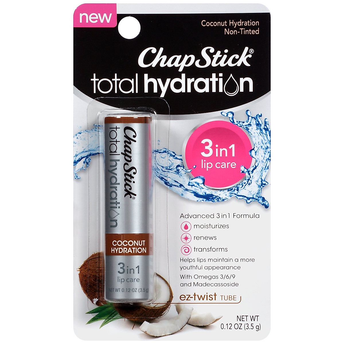 ChapStick Total Hydration 3-in-1 Lip Balm, Coconut Hydration, 0.12 Ounce (Pack of 3)