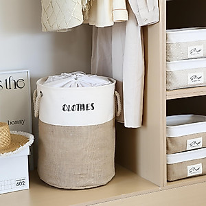 Sea Team Jute and Canvas Storage Basket with Cotton Rope Handles and Drawstring Closure, Collapsible, Lightweight Laundry Hamper for Home - 46.8L Capacity