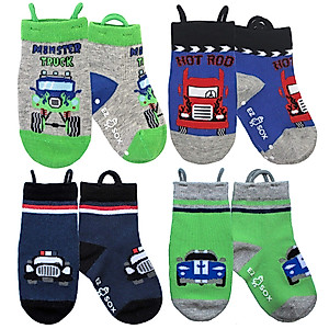 Ez Sox Toddler Boys Girls Socks Non Skid Seamless Toe Anti Slip Grip Pull Up Loops (3-5 Years, Trucks & Cars)