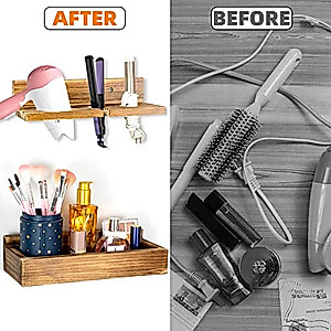 Hair Tool Organizer Wall Mounted - Wooden Hair Dryer Holder, Rustic Blow Dryer Holder for Curling Iron, Hot Tools, Hair Straighteners, Set of 2 Bathroom Vanity Tray for Makeup,Toiletries, Brown