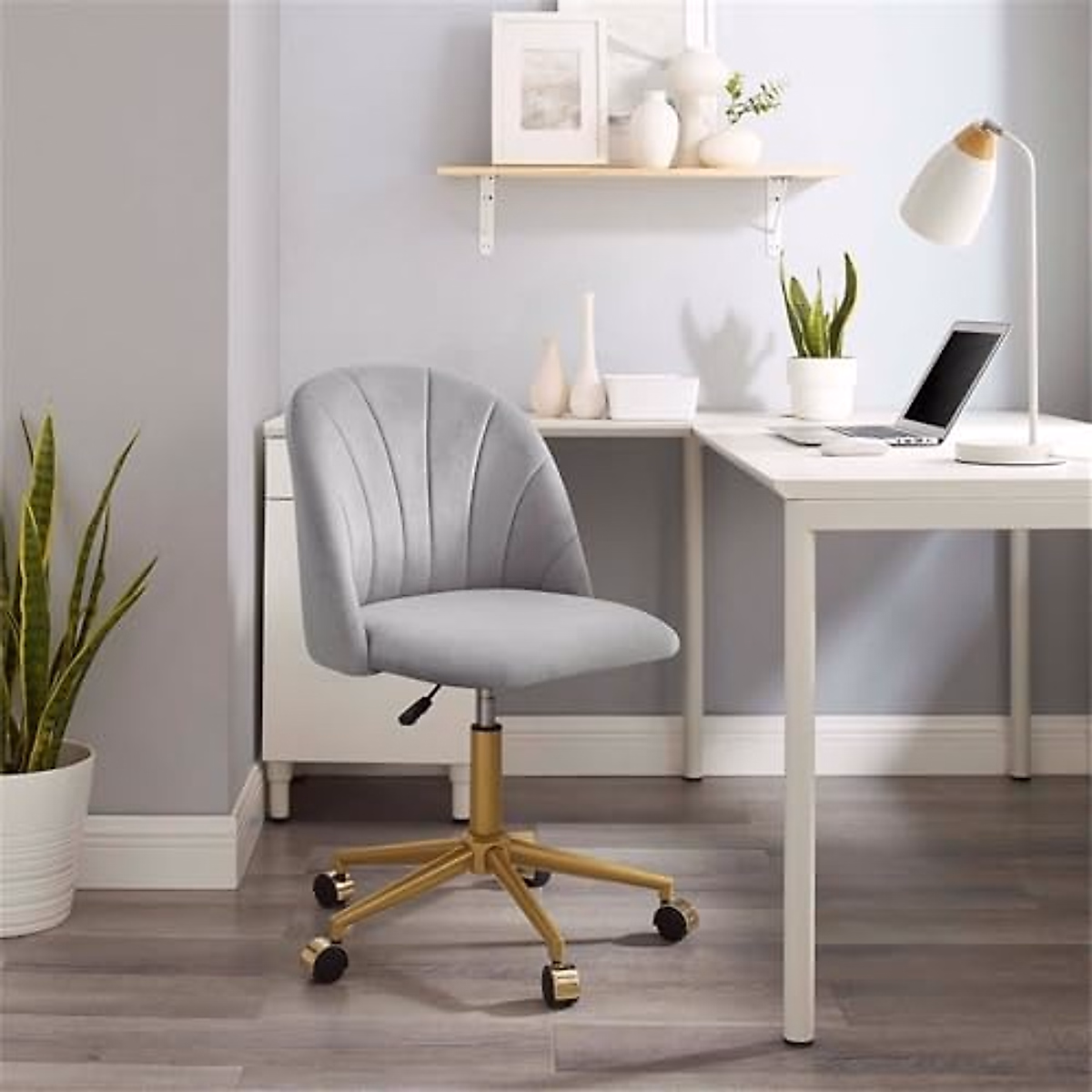 Pemberly Row Upholstered Adjustable Swivel Desk Chair Gold Legs in Light Gray