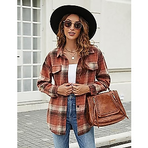 Blooming Jelly Flannel Shirts for Women Long Sleeve Plaid Shirt Shacket Jackets Fall Outfits 2025 (X-Large, Orange)