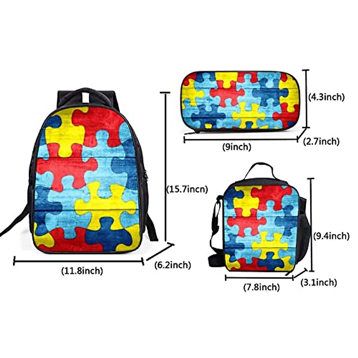 Colorful Autism Awareness Puzzle Backpack 3 Piece Set School Bag Bookbag with Lunch Box And Pencil Case Set for Boys Girls