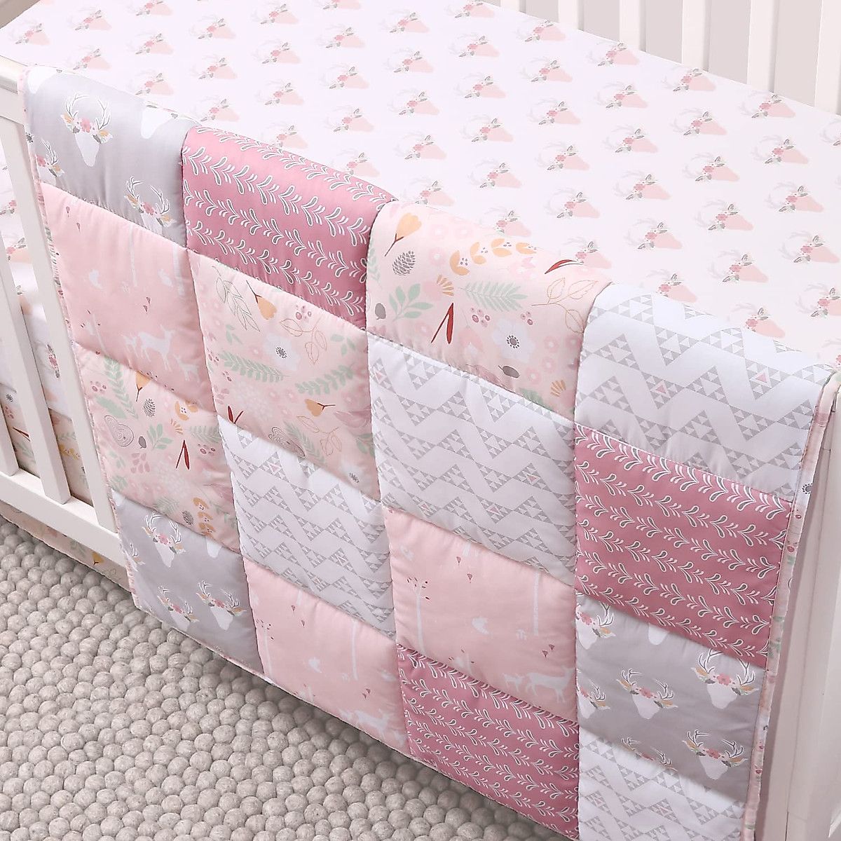 The Peanutshell Pink Woodland Floral Crib Bedding Set for Baby Girls - Crib Quilt, Fitted Sheet, Dust Ruffle Included