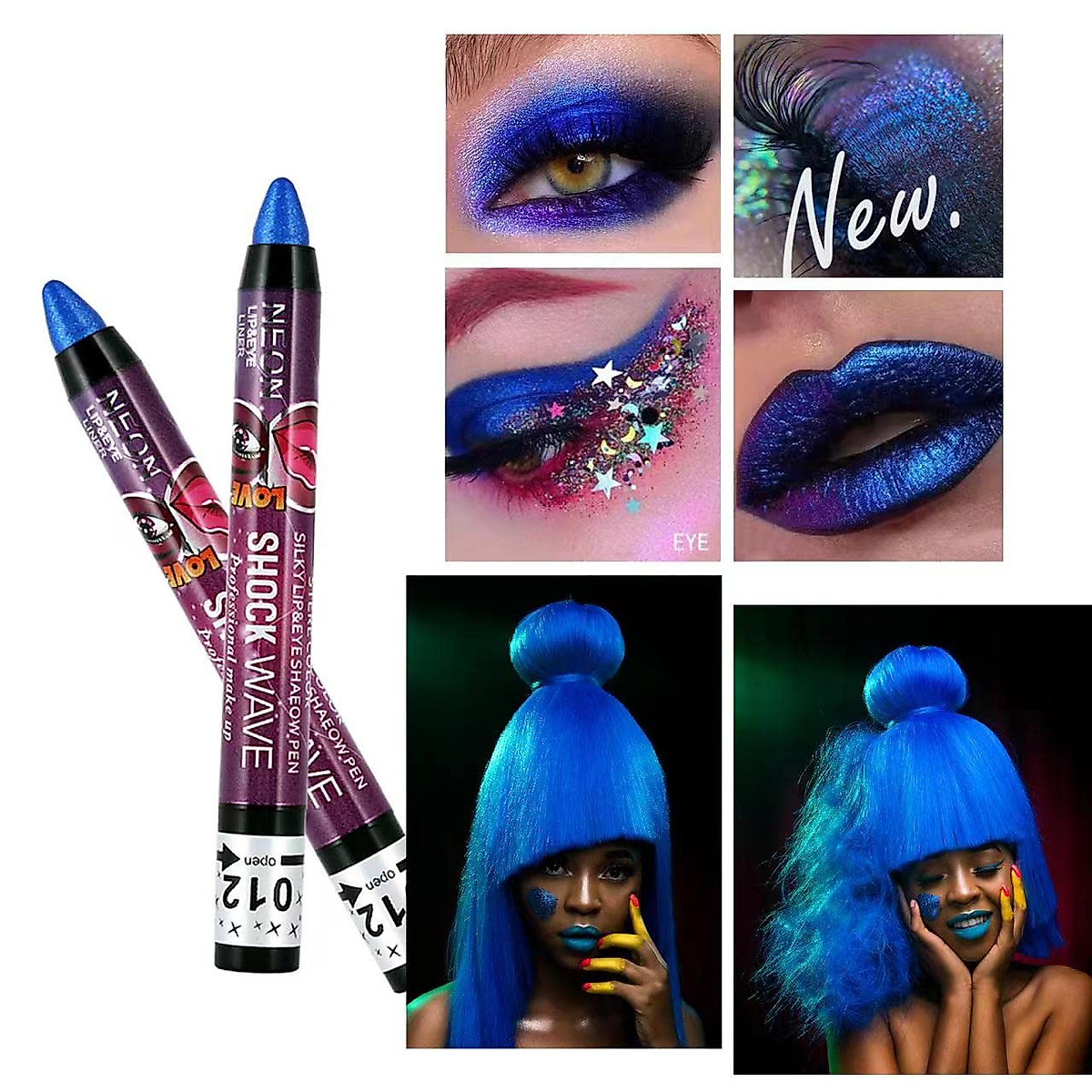 MEICOLY 2pcs Blue Eyeshadow Stick,Metallic Shimmer Crayon,Waterproof Single Eye shadow Pencil,Shiny Blue Rotating Eye shadow Blue Eyeliner Stick Corpse Bride Avatar Blue Eyeshadow Makeup
