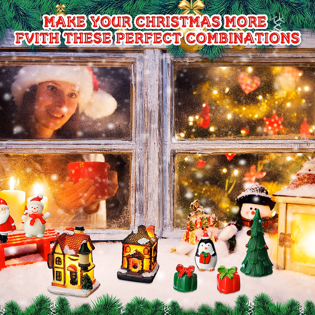 Jerify 26 Pieces Christmas Village Sets Lighted Christmas Village Houses Xmas Light up Decorations Mini Village Accessories Christmas Collectible Buildings for Xmas Winter Decorations