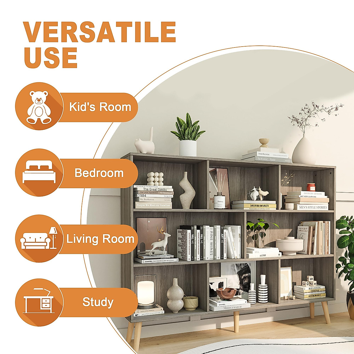 VICLLAX Wood 3 Tier Storage Shelf, 8 Cubes Free Standing Bookshelf with Legs, Display Bookcase for Living Room, Bedroom, Kids Room, Office, Grey