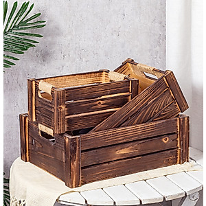 TIMRIS Set of 3 Rustic Wood Nesting Crates, Farmhouse Wooden Storage Container Boxes with Cutout Handles, Decorative Wooden Baskets for Display (Rustic Brown)