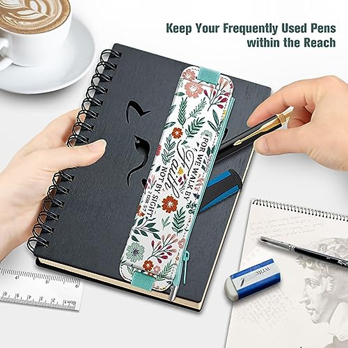 FINPAC 2-Pack Elastic Pencil Case for Notebook, Leather Pen Holder Stationery Zipper Bag for Pencils, Markers, Pen Pouch w/Elastic Band for Bible Journaling, Planners, Tablets (Spring Bloom & Lilac)