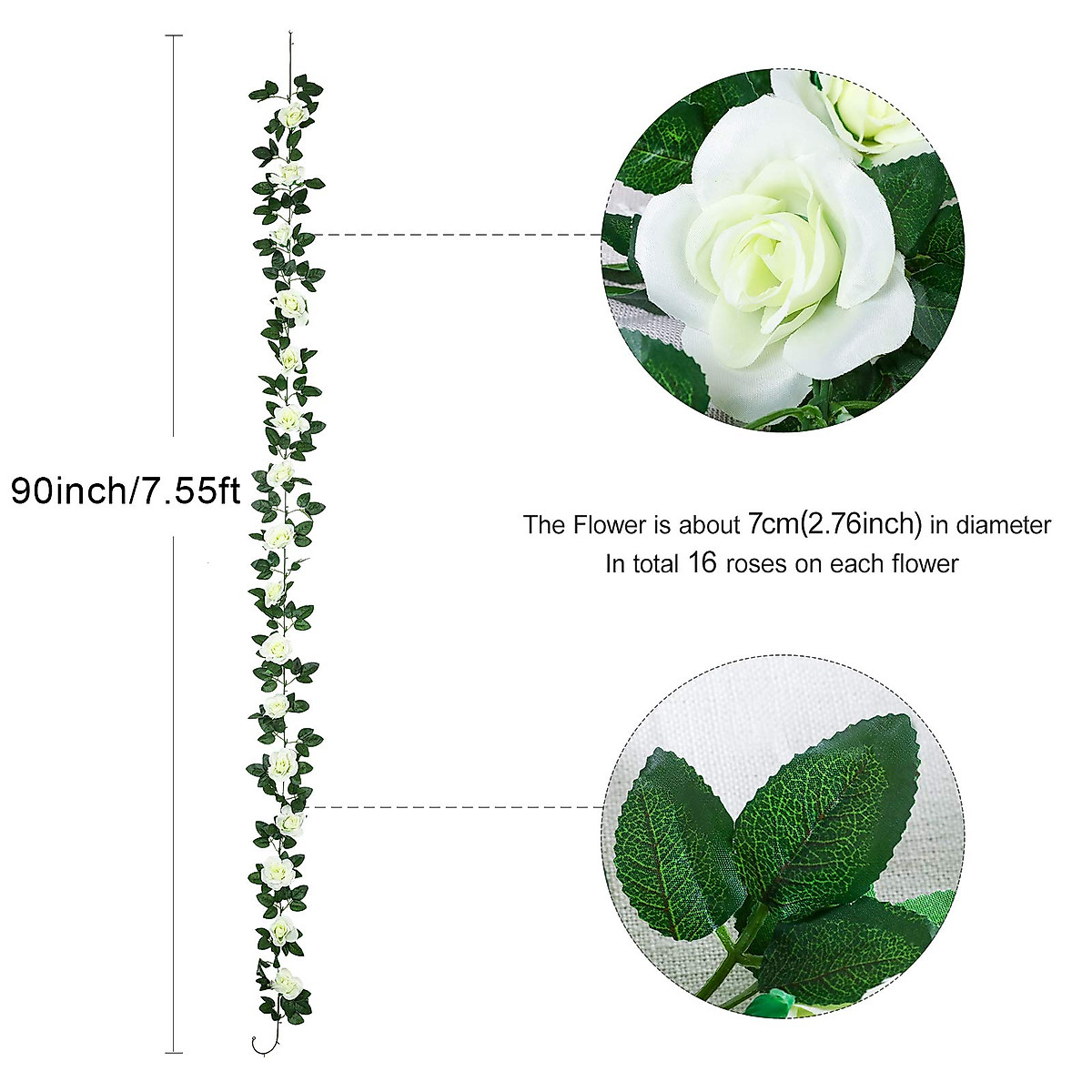Luyue 2Pack-15ft Fake Rose Vine Garland Artificial Flower Vines Arch Floral Hanging Garlands Decoration Silk Roses for Home Wedding-White