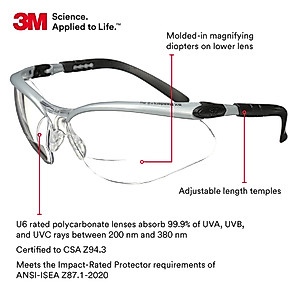 3M Safety Glasses with Readers, BX, +2.0, ANSI Z87, Anti-Fog Anti-Scratch Clear Lens, Silver Frame, Adjustable Length Temples and Lens Angle