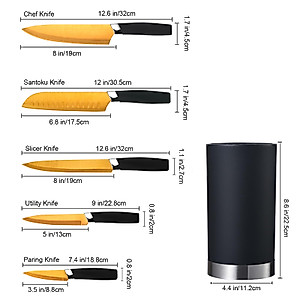 Kitchen Knife Set, 6 Pieces Professional Chef Knife Set with Block, Stainless Steel Sharp Nonstick Cooking Knife Set with Gold Blades, Kitchen Knife Block Set for Cutting, Slicing, Chopping (Gold)