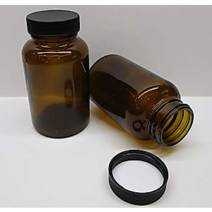 Heavy Glass Medical Packer Bottles Wide Mouth with Black Caps-Amber 4 oz 120cc Size Package of 6 Units-Pharmaceutical Grade Product