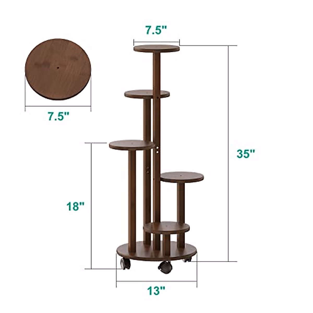 Indoor Plant Stand with Wheels, 5 Tiered , Bamboo Plant Stands for Indoor Plants Multiple, Corner Plant Stand for Window Garden Balcony Living Room Outdoor