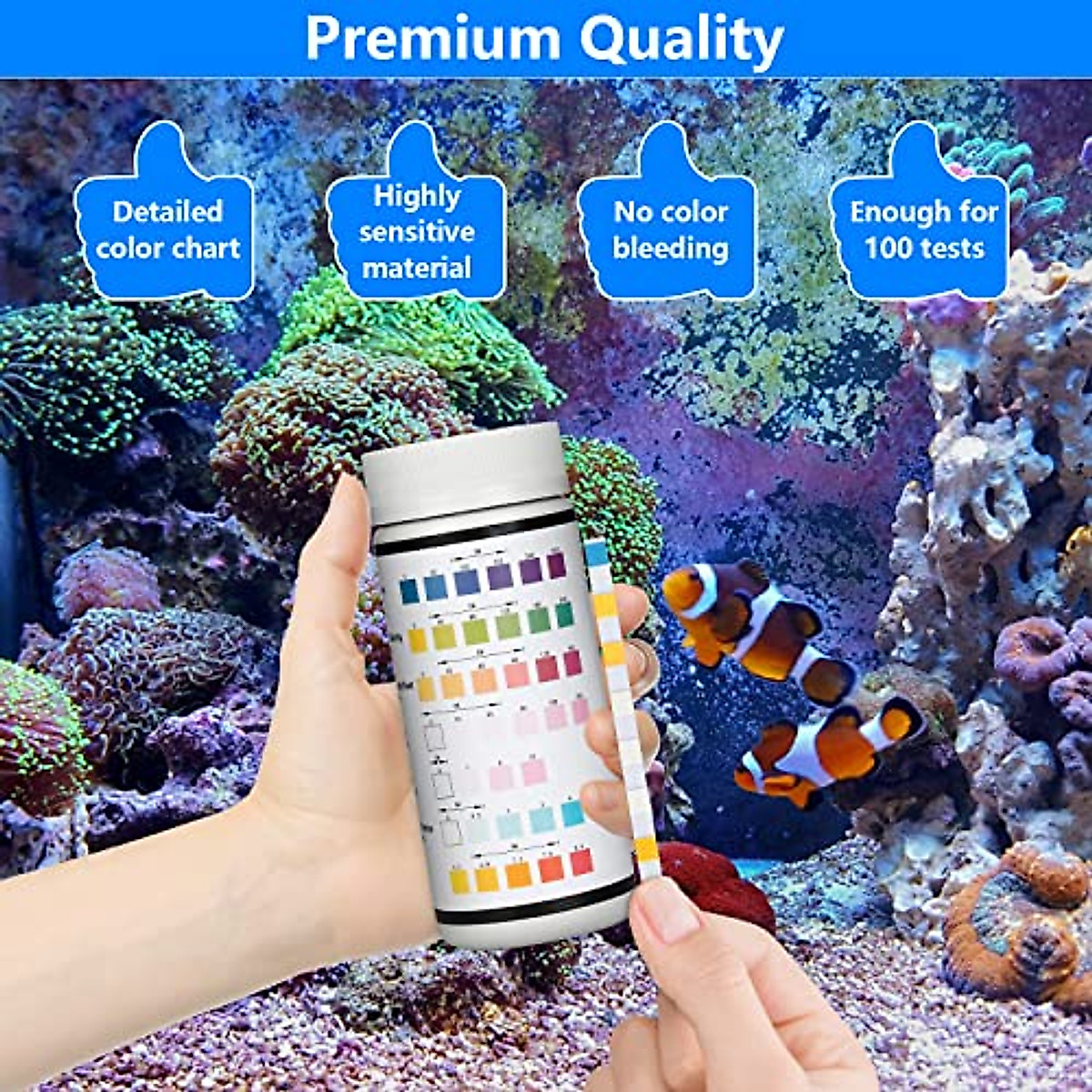 7 in 1 Aquarium Water Testing Strips, 100 Strips Marine Test Kits for Aquariums Pond Betta Fish Tank Freshwater Saltwater, Easy Tester for pH, Chlorine, Alk, Nitrate, Nitrite, Carbonate, Hardness