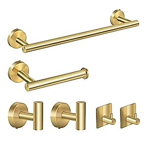 Augegel Brushed Gold Bathroom Hardware Accessories Set 6 Pieces,Stainless Steel Bathroom Towel Rack Set Wall Mounted,16" Towel Bar,Toilet Paper Holder, 4 Towel Hooks