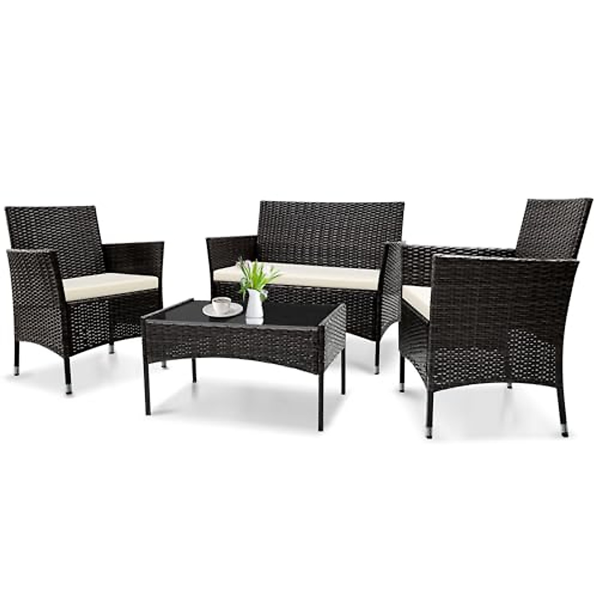 TINKLE WELL Patio Furniture Set, 4 Piece Sectional Conversation Sofa, Outdoor Wicker Rattan Table and Chairs with Thick Cushion for Garden, Yard, or Porch