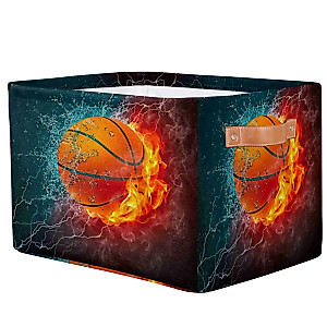 Firey Basketball Storage Basket Cube Sport Ball Large Toys Storage Box Bin with Handle Collapsible Closet Shelf Cloth Organizer for Nursery Bedroom,15x11x9.5 in,1 Pack