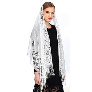 PAMOR Chapel Veil Scarf Mantilla Veils Rectangular Wrap Shawl Mass Head Covering with Fringe Trim (White)