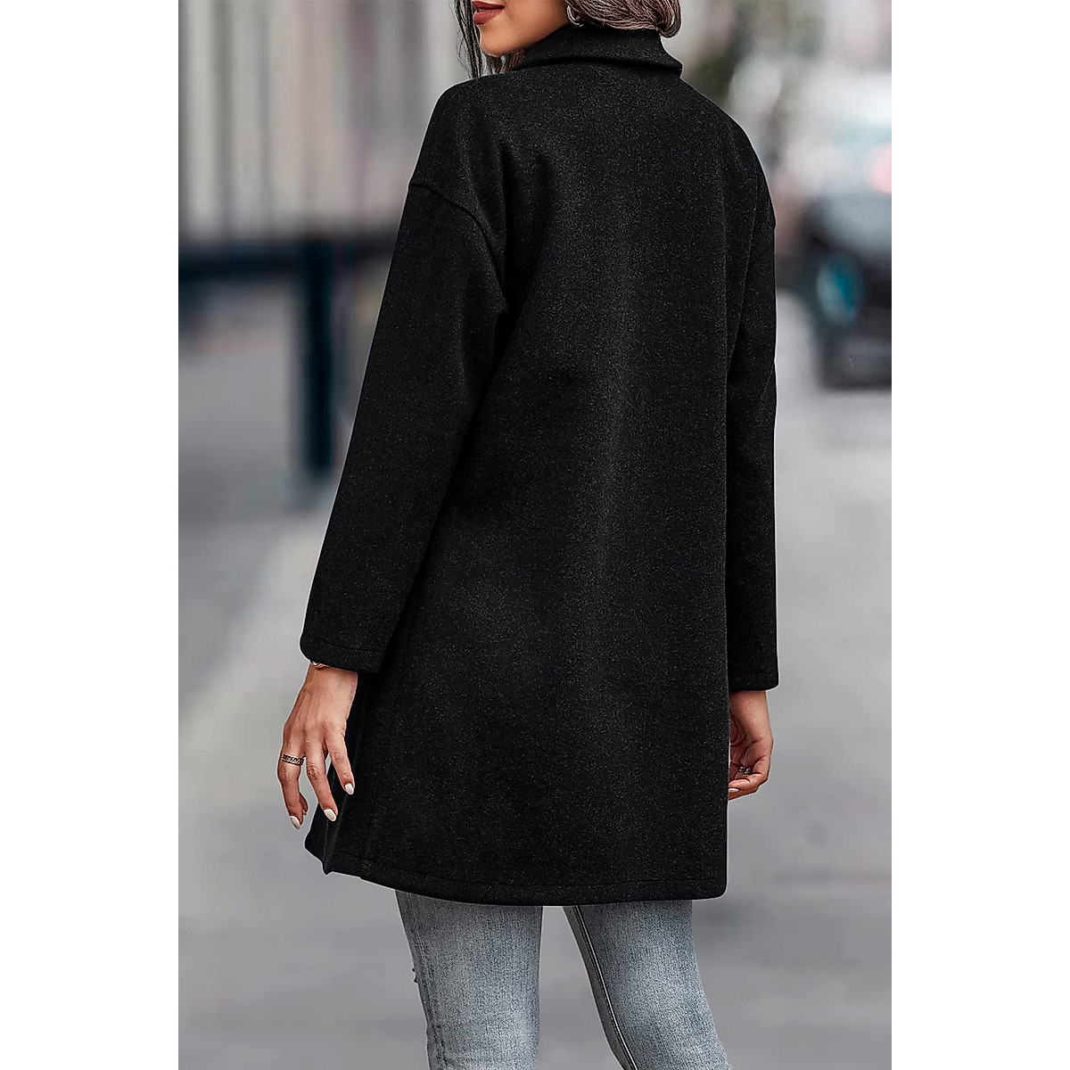 PRETTYGARDEN Women's 2024 Plaid Shacket Jacket Casual Button Wool Blend Winter Tartan Trench Coat With Pockets (Solid Black,Large)