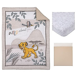 Disney Lion King - Wild About You Taupe, White and Teal Simba 3 Piece Nursery Crib Bedding Set - Comforter, Fitted Crib Sheet and Crib Skirt