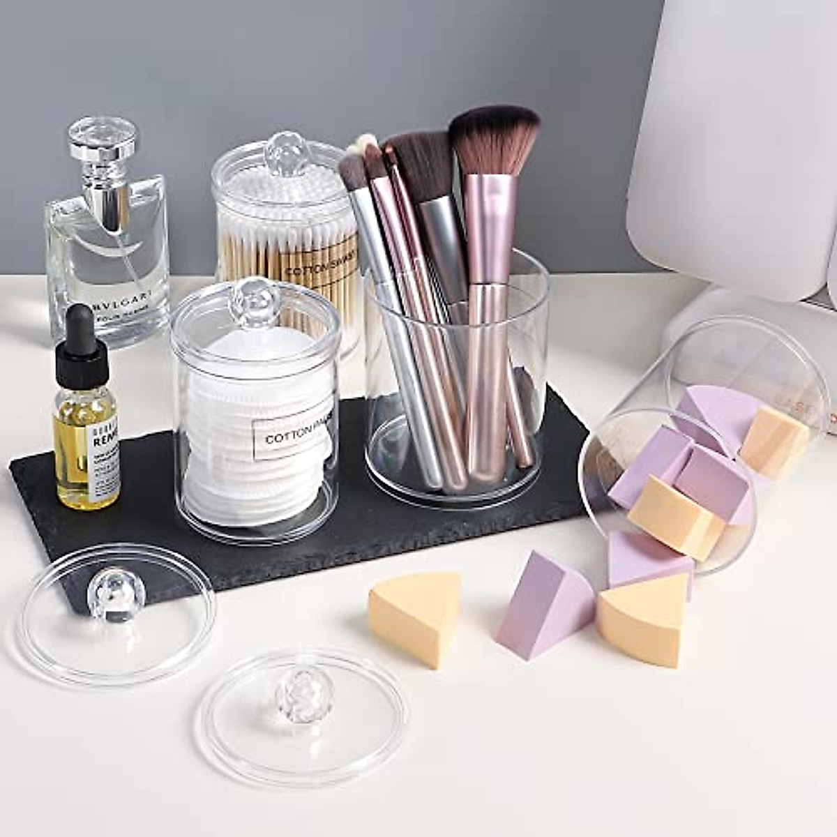 4 Pack Qtip Holder Dispenser - 10oz, 12oz Clear Plastic Apothecary Jars Set - Restroom Bathroom Makeup Organizers Containers for Floss, Cotton Ball, Cotton Swab, Cotton Round Pads, Hair Ties, Bath Salt