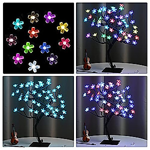 Pooqla 18 Inch 48 LED RGB Cherry Blossom Tree Light with Remote 16 Color-Changing LED Artificial Flower Bonsai Tree Table Top Lamp Home Lit Tree Centerpieces Christmas Mother's Day Gift Decoration