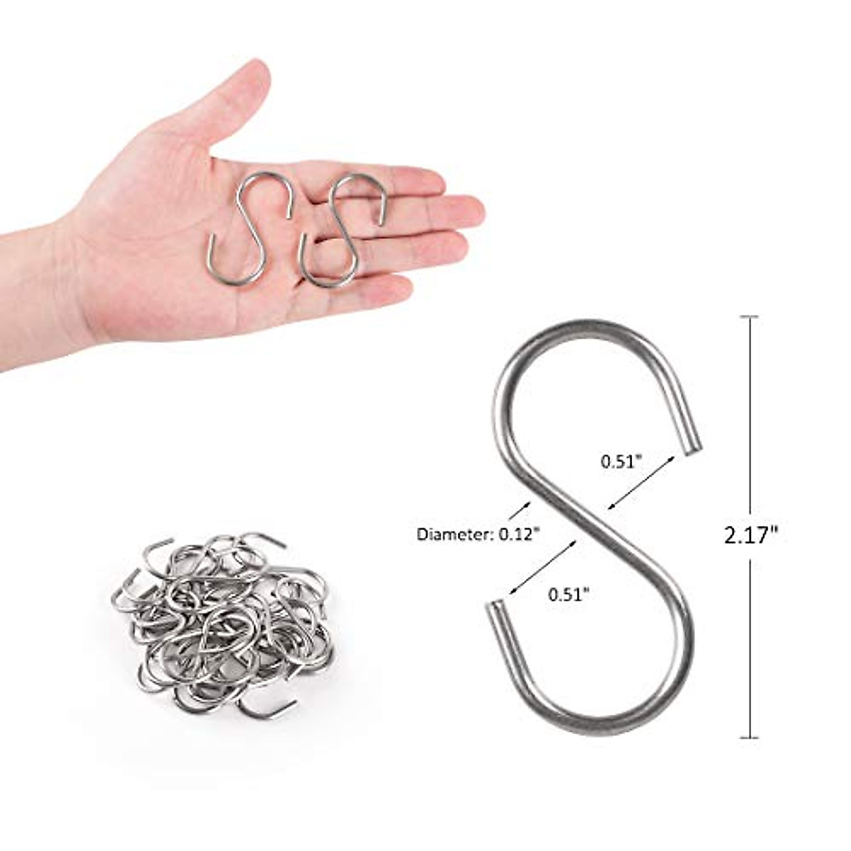 Annaklin Small S Hooks 24 Pack 2-3/16", Stainless Steel S Hooks for Hanging Pan Pot Utensils Plants Bags Towels, Heavy Duty S Shaped Hooks, Silver