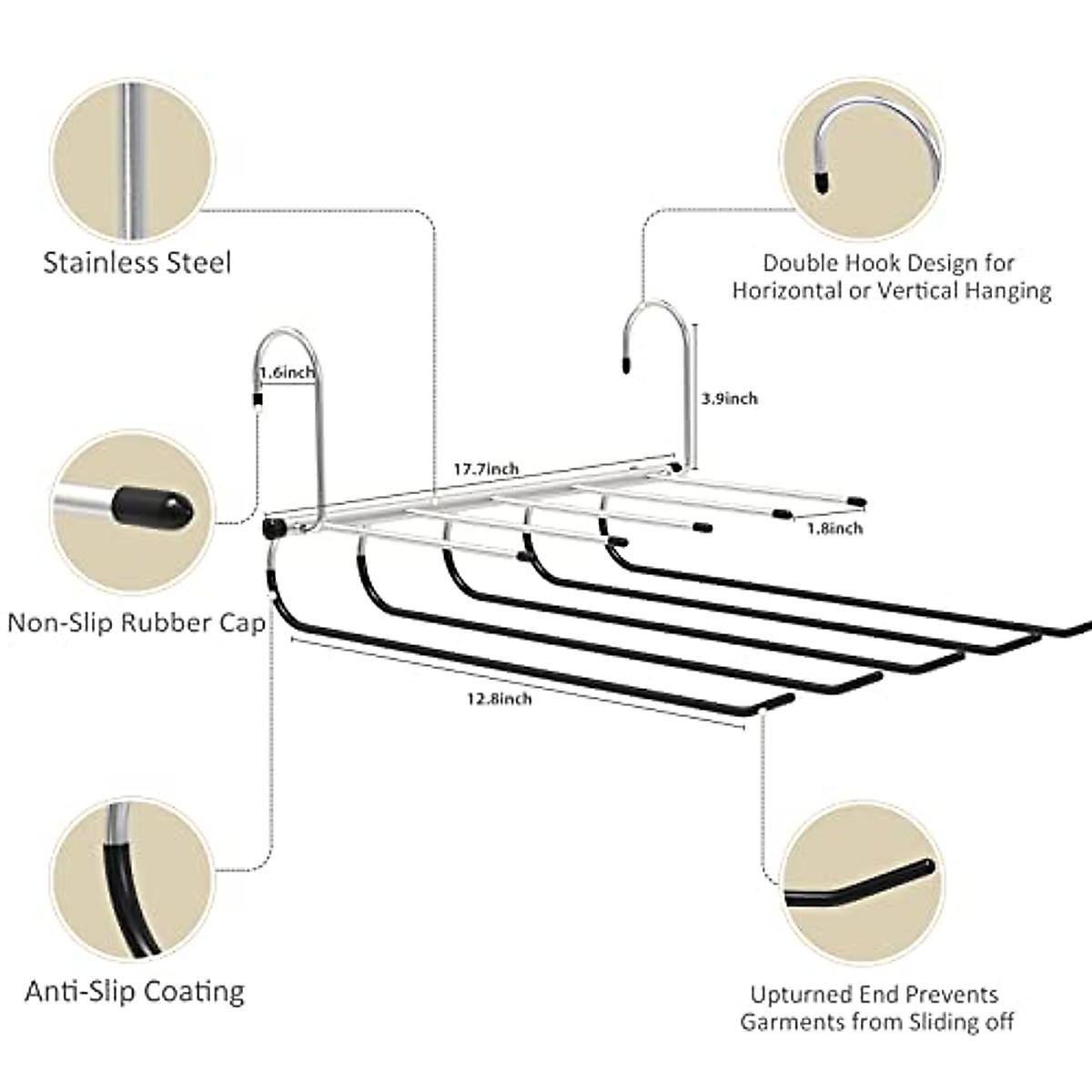 Pants Clothes Hangers Space Saving, RELBRO 2 Packs Multifunctional Pants Rack Hanger Black Stainless Steel Pants Jeans Hangers 5 Layered Closet Organizer for Pants Scarfs Slacks Towels Ties