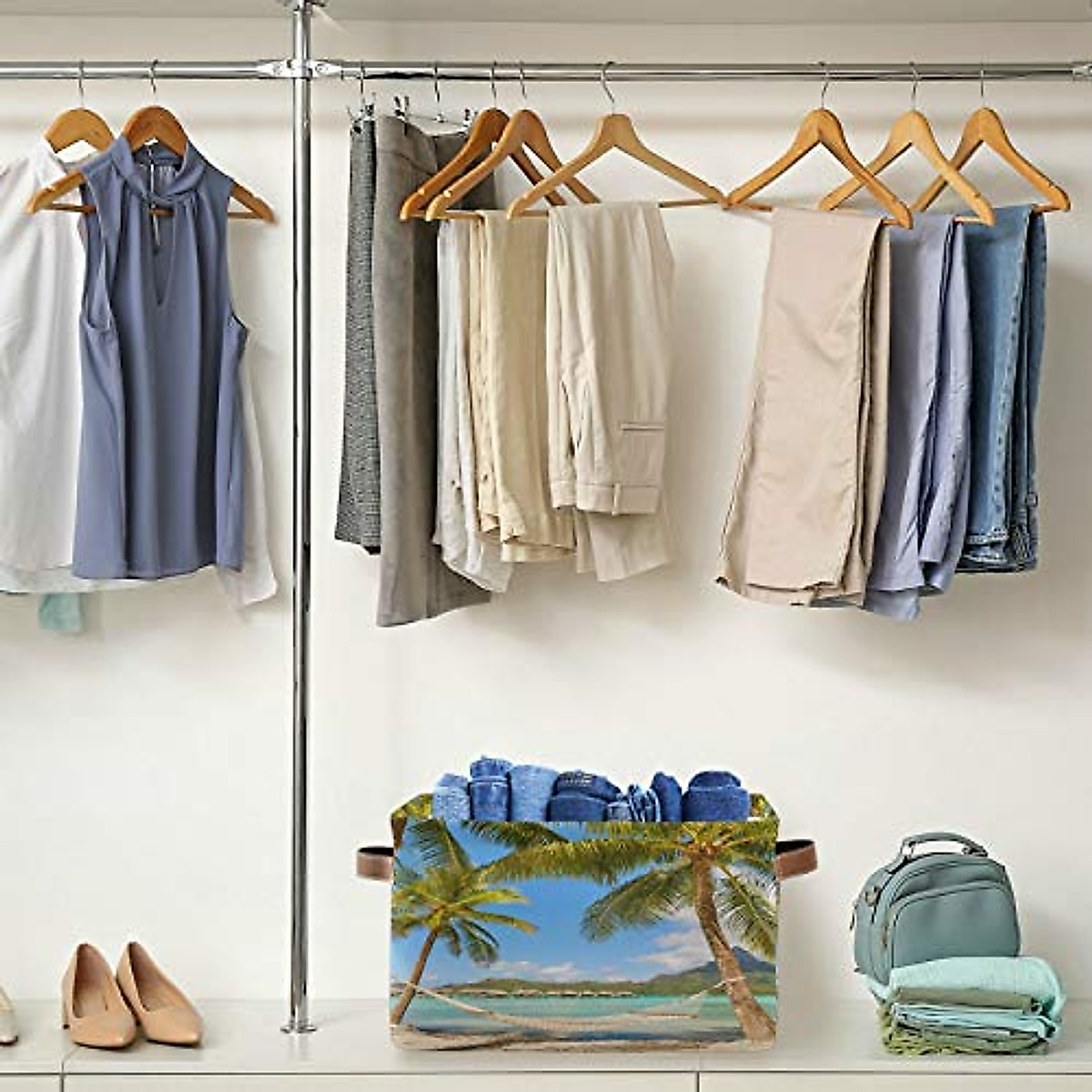 AUUXVA Palm Trees Tropical Beach Sea Storage Basket Large Foldable Storage Organizer Cubes Bins with Leather Handles Sturdy Collapsible Boxes for Shelf Cloth Toy Closet-1 Pack