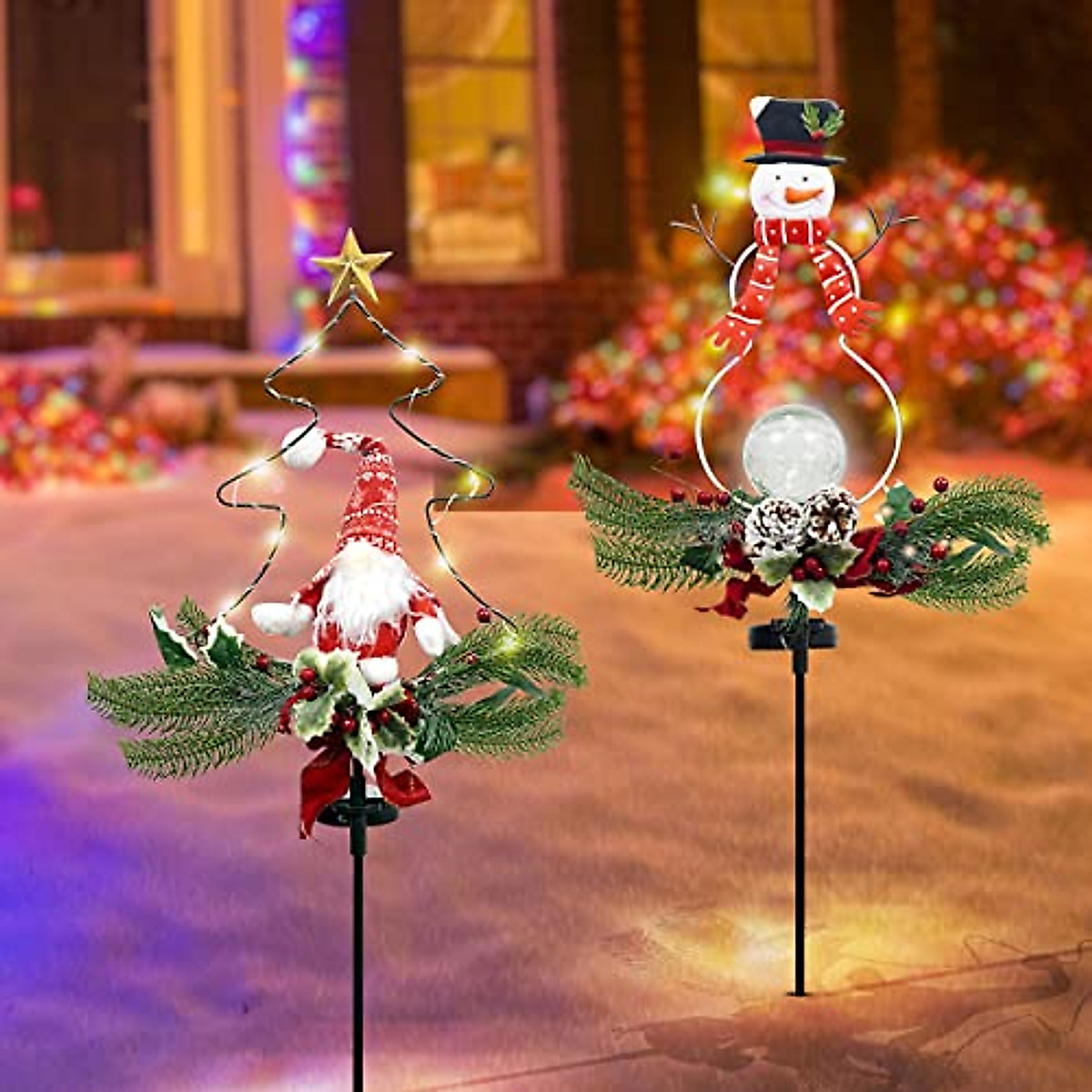 QMKGEC Outdoor Christmas Decorations, Xmas Solar Lights 2 pcs, Snowman LED Lights Butterflies Decor Light Waterproof for Yard Lawn Garden Decor