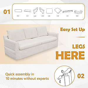 AMICLIBER Modern 3-Seater Sofa,93" Slipcovered Sofa Soft Chenille Fabric Couch with Deep Seat Removable Cover for Living Room,Apartment,Bedroom,Office,Creamy White