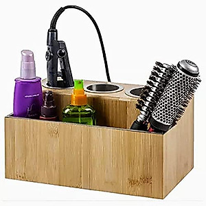HHE Bamboo Hair Dryer Holder For Bathroom Hair Accessories Curling Iron Styling tools Makeup Cosmetics Organizer for Countertop Wall Mountable All Natural Bamboo