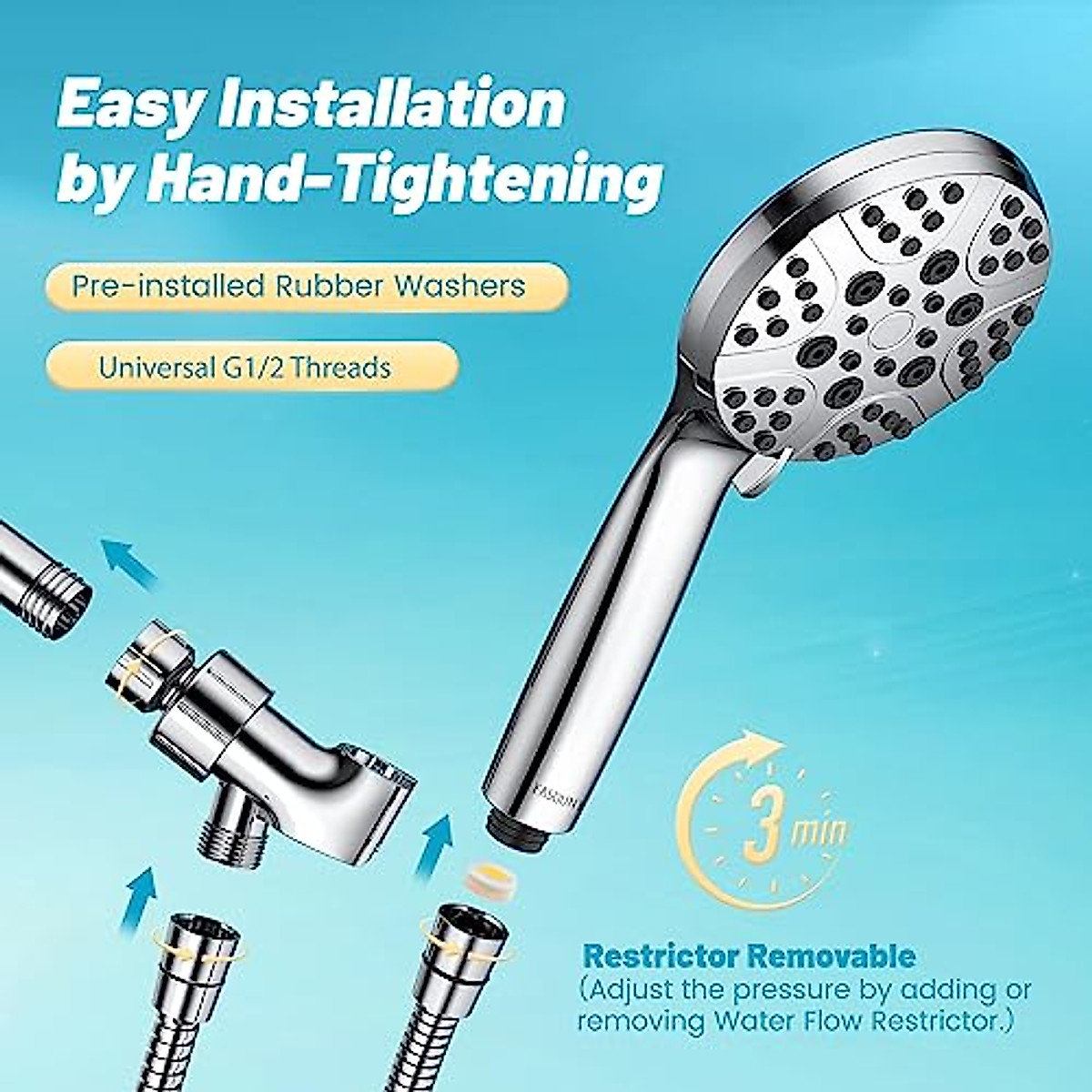 FASDUNT High Pressure Shower Head with Handheld, 8-mode Shower Heads with 80" Extra Long Stainless Steel Hose & Adjustable Bracket, Built-in Power Wash to Clean Tub, Tile & Pets - Chrome